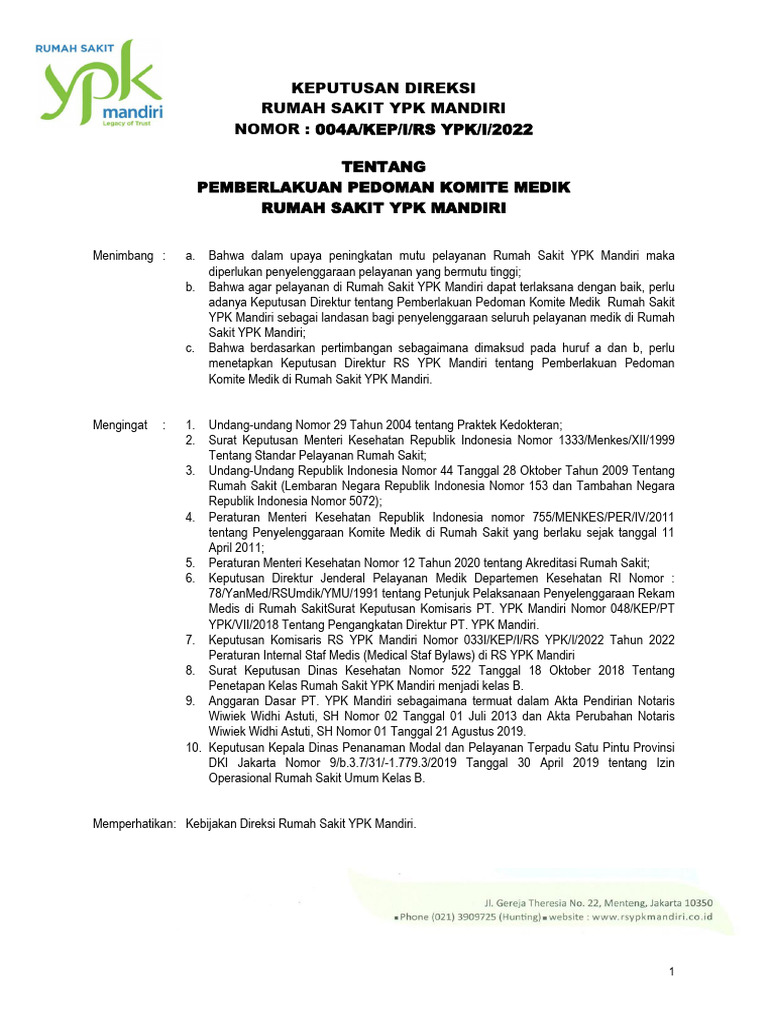 SK Pemberlakuan Pedoman Komite Medik 2022 | PDF