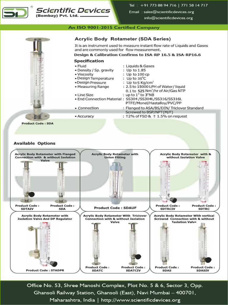 Acrylic Body Rotameter (SDA SERIES) | PDF
