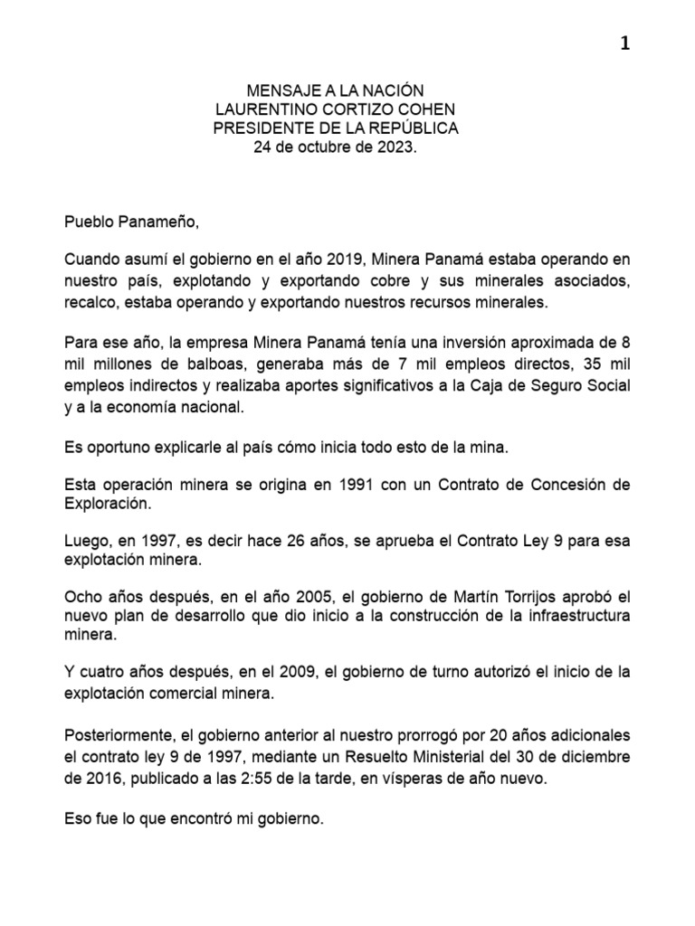 Mensaje A La Nacion - 23 Oct | PDF | Panamá | Minería