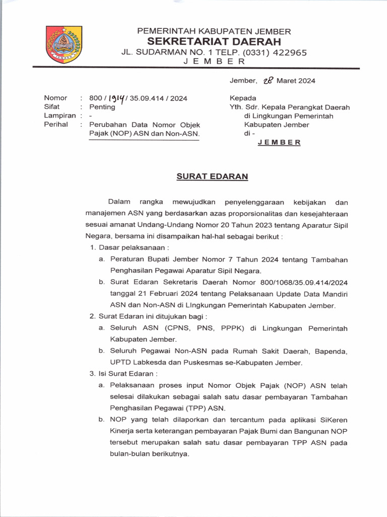 Surat Edaran Perubahan Data Nomor Objek Pajak (NOP) ASN Dan Non-ASN | PDF Surat Edaran Perubahan Data Nomor Objek Pajak (NOP) ASN Dan Non-ASN | PDF
