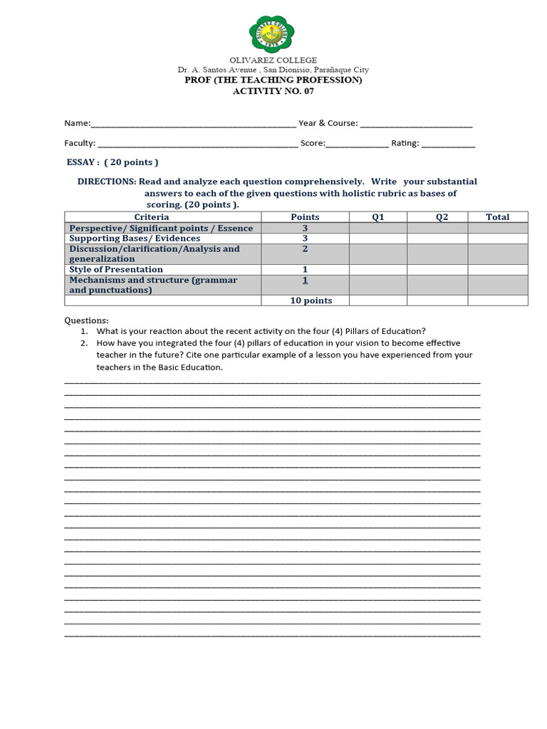 Teaching Profession Essay Activity | PDF | Cognition | Learning
