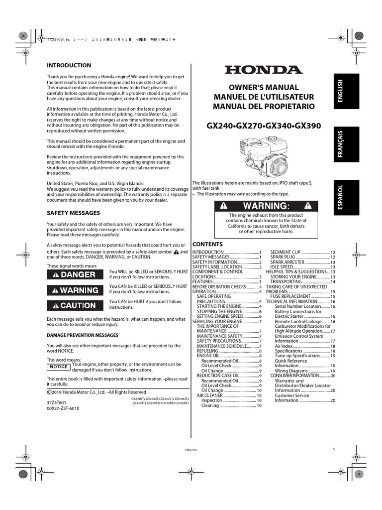 Owners Manual gx240 270 340 390 Ut2 English 37z5t6010 | PDF | Gasoline ...