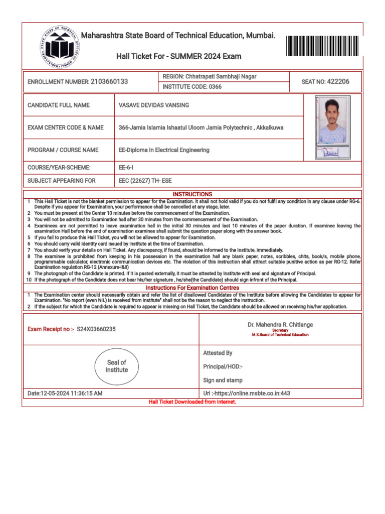 Devidas HALL TICKET FOR SUMMER 2024 of 2103660133 | PDF