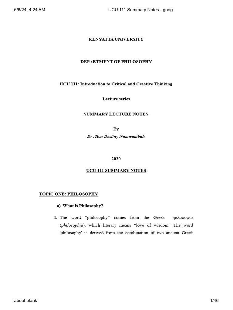 UCU 111 Summary Notes - Goog | PDF | Critical Thinking | Epistemology