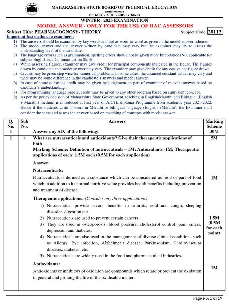 Model Answer - Only For The Use of Rac Assessors: Maharashtra State ...