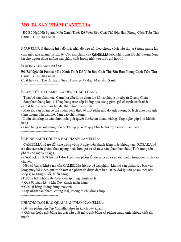 MÔ TẢ SẢN PHẨM CAMELLIA | PDF