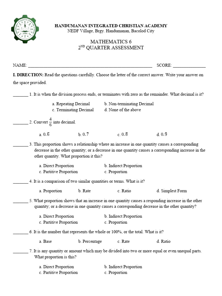 2nd Quarter - Math 6 (7 Copies) | PDF | Percentage | Ratio