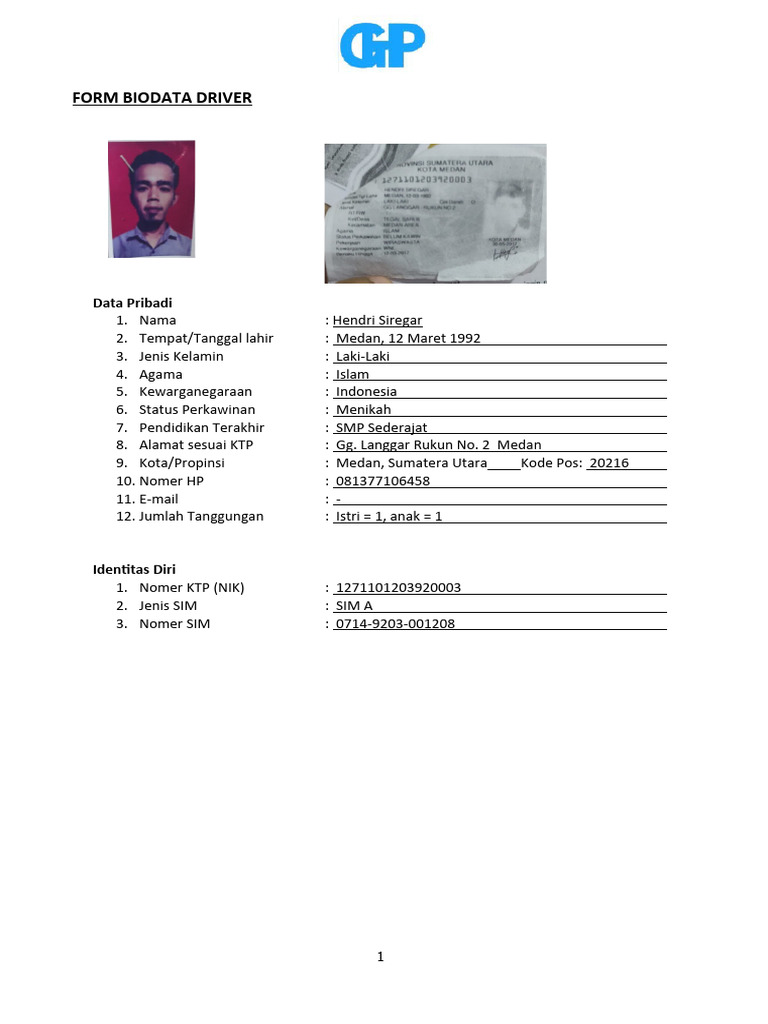 Biodata Driver An. Hendri Siregar | PDF
