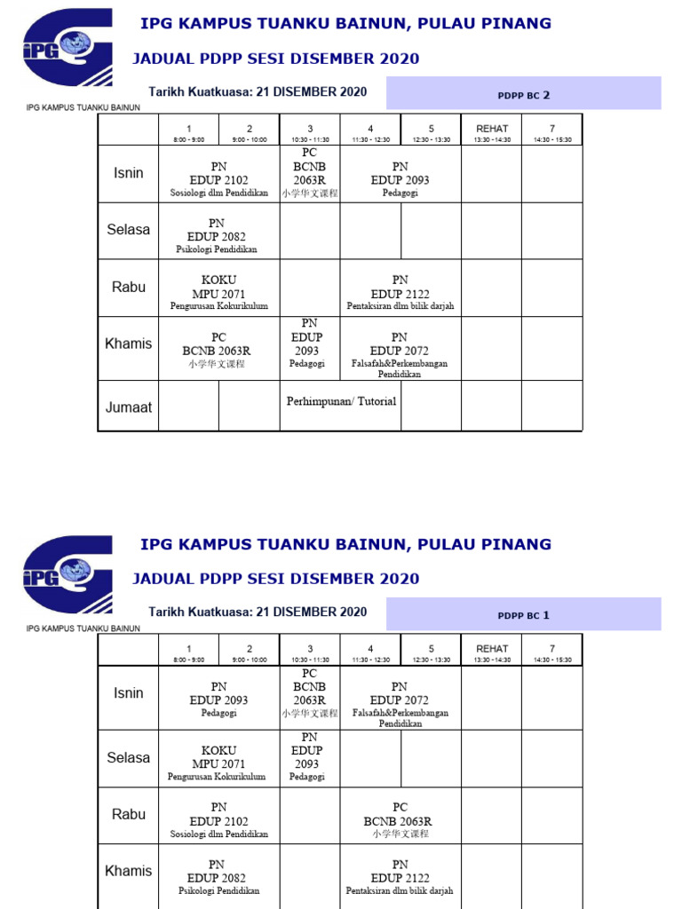 Jadual Kelas BC1 BC2 | PDF