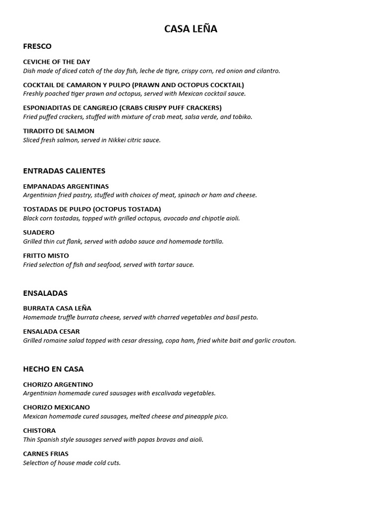 Casaleña Menu | PDF | Sauce | Latin American Cuisine