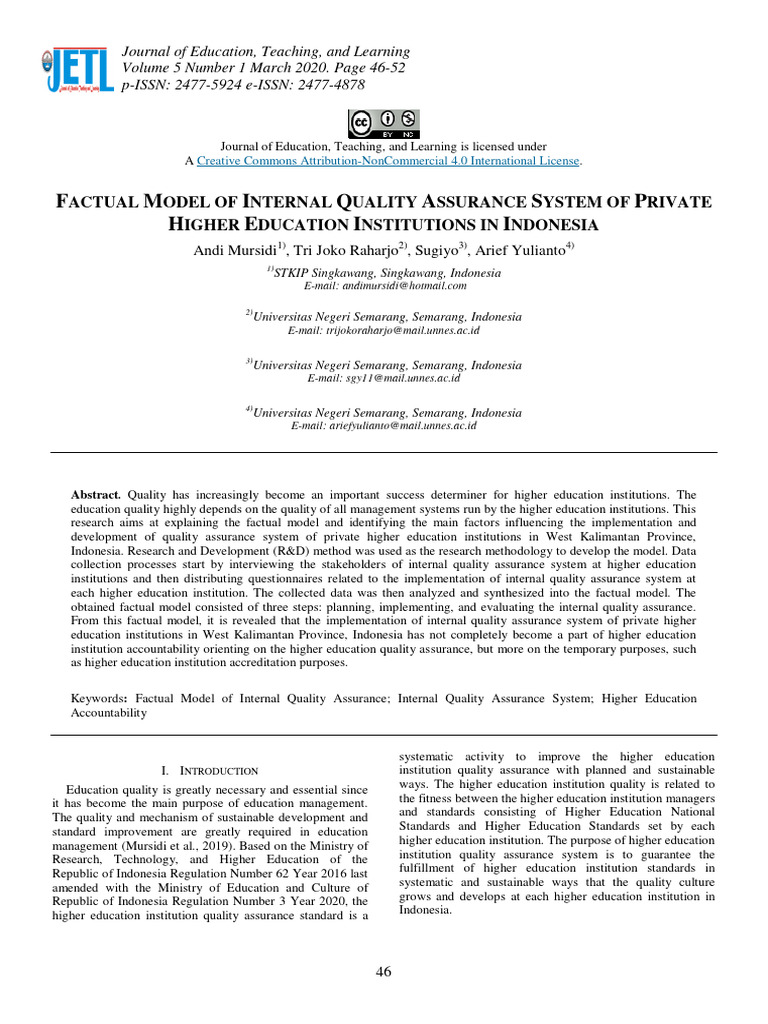 Factual Model of Internal Quality Assurance System of Private Higher ...