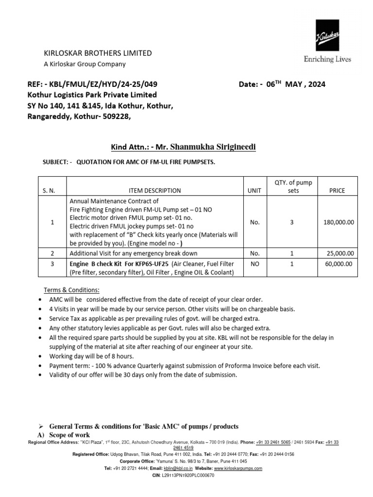 Fire Pump AMC Quotation | PDF | Engines | Mechanical Engineering