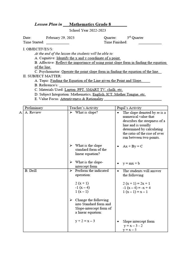Grade 8 Math: Point-Slope Form Lesson | PDF | Slope | Equations