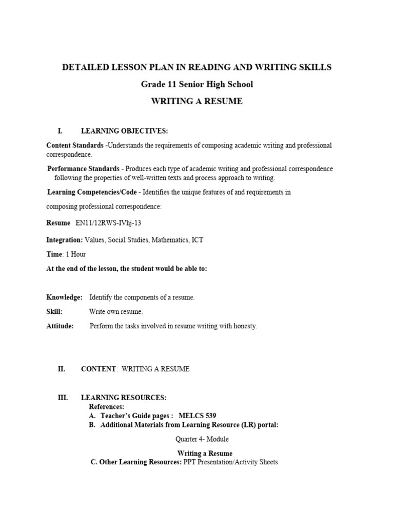 Lesson Plan Resume in SHS | PDF | Résumé | Unemployment