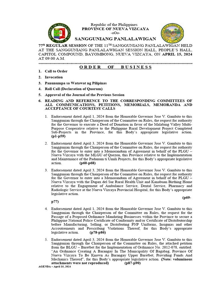 77th Regular Session April 15 2024 | PDF | Government | Philippines