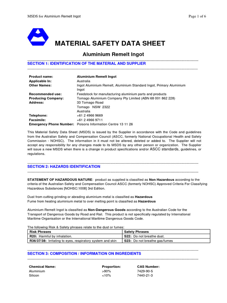 Aluminium Remelt Ingot MSDS Guide | PDF | Dangerous Goods | Working ...