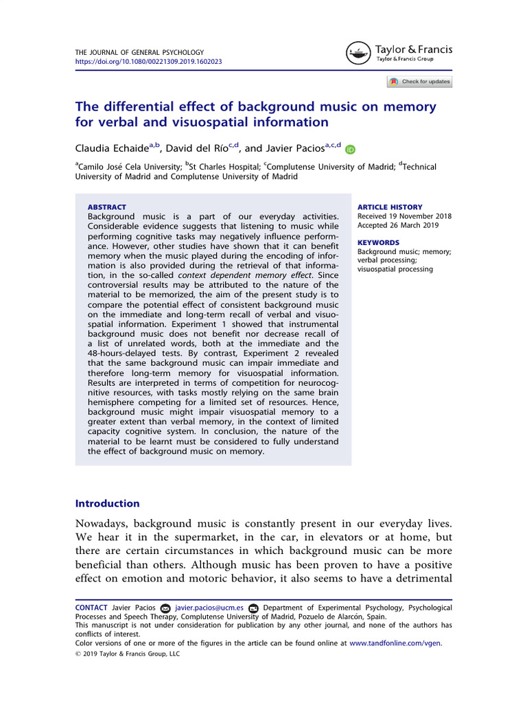 The Differential Effect of Background Music On Memory For Verbal and Visuospatial Information ...