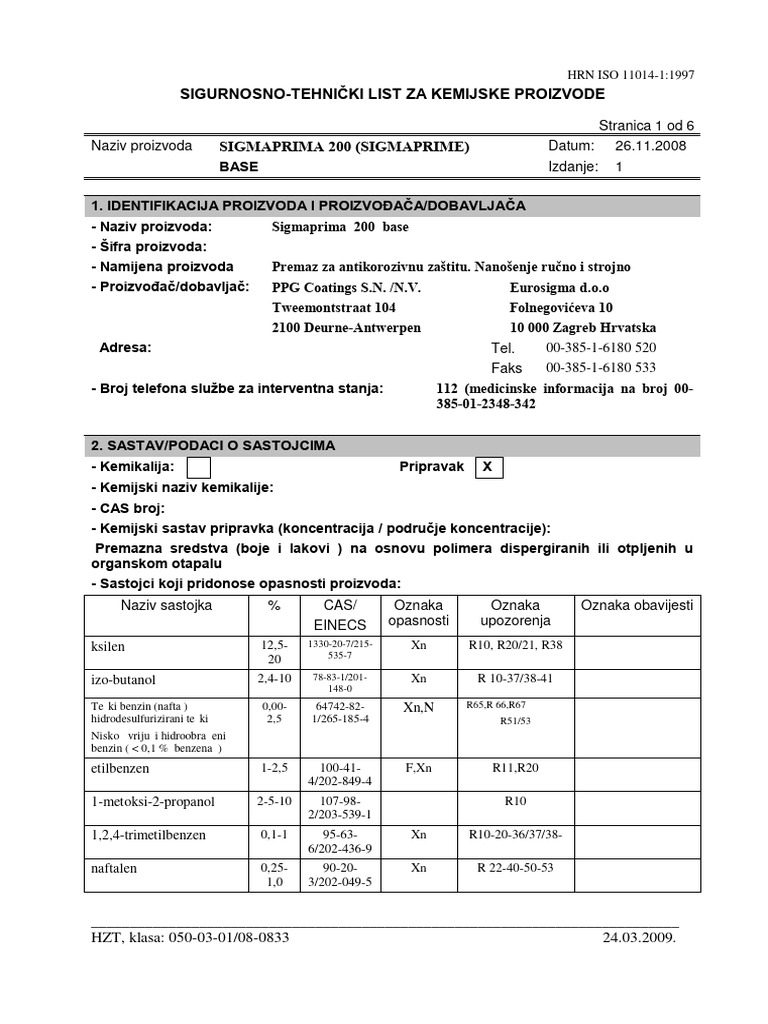 Sigurnosno-Tehnički List Za Kemijske Proizvode: HRN ISO 11014-1:1997 | PDF