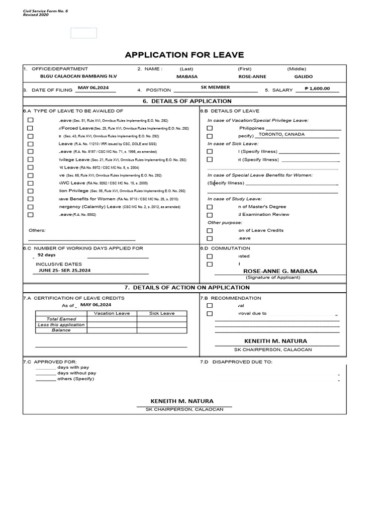 CS Form No. 6, Revised 2020 (Application For Leave) (Fillable) | PDF | Parental Leave | Employment
