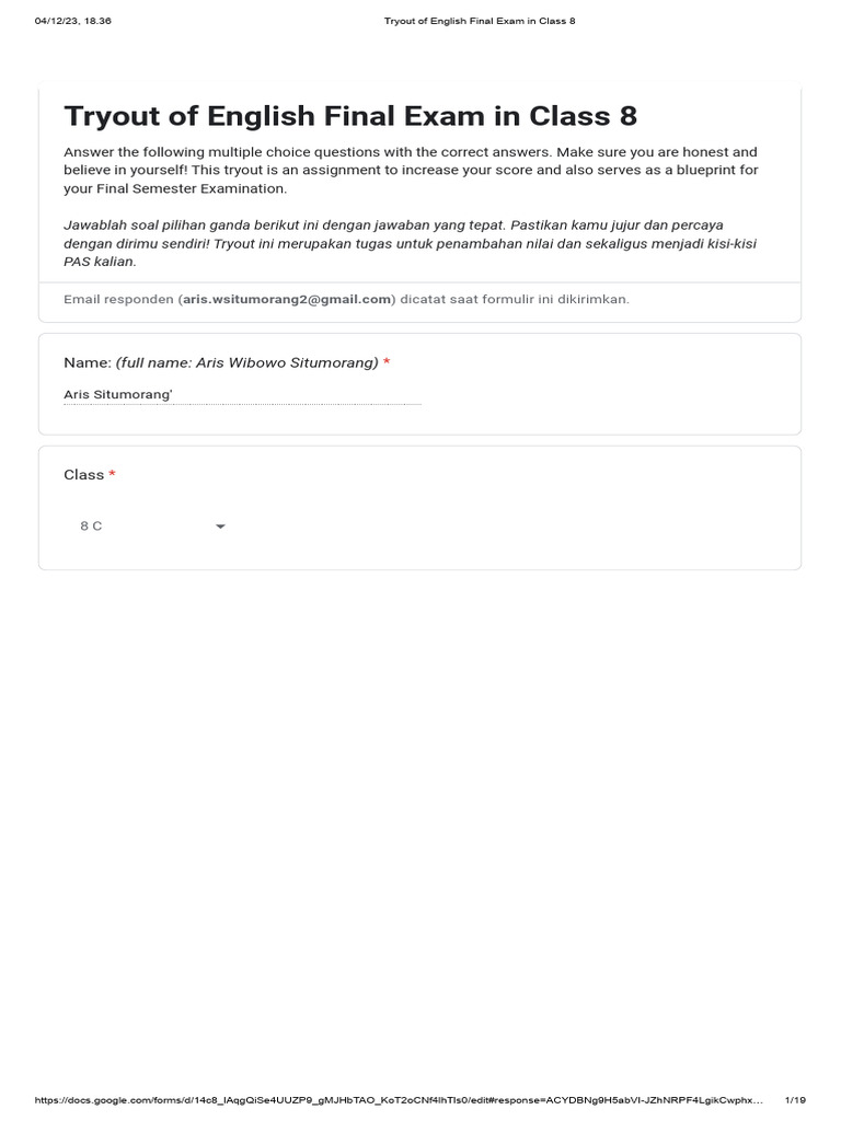 Tryout of English Final Exam in Class 8 - Google Formulir | PDF