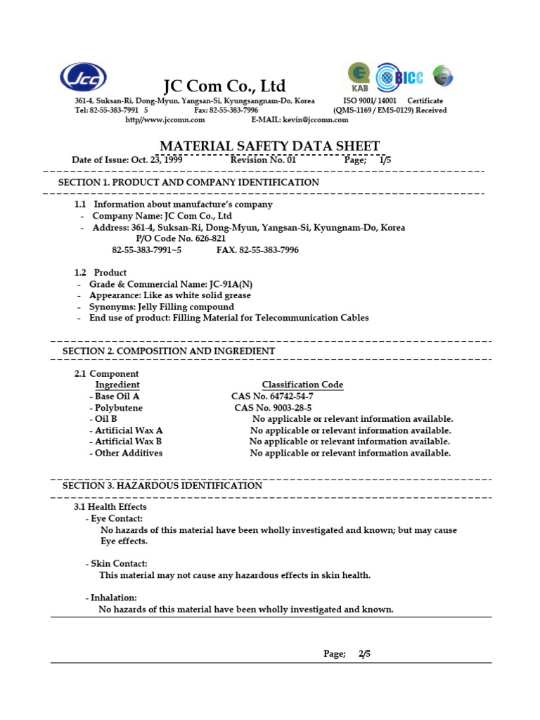 JC Com Co., Ltd MSDS for JC-91A(N) | PDF | Chemistry
