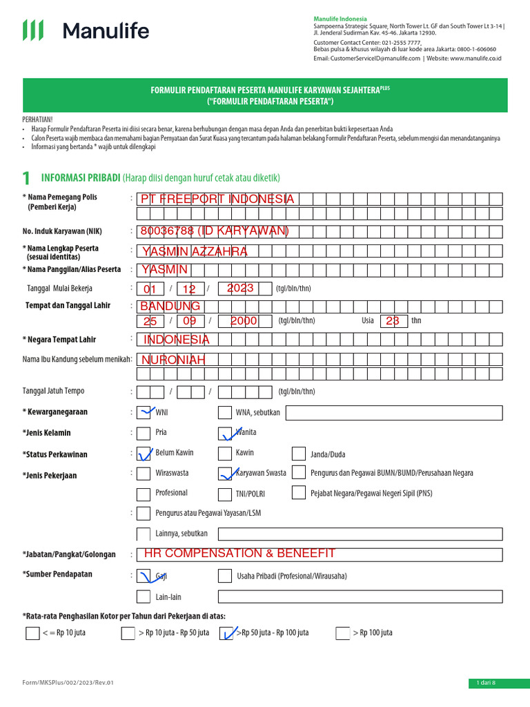 Contoh Pengisian Formulir Manulife | PDF