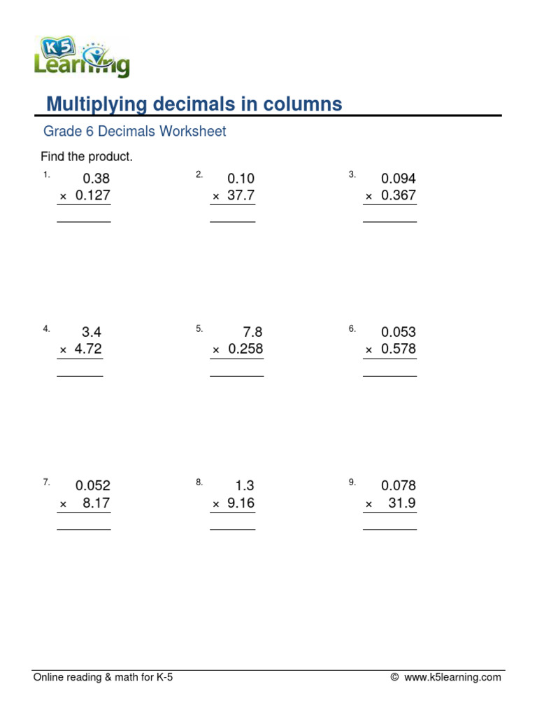 Grade 6 Multiply Two Decimals 0 3 Decimal Digits A | PDF