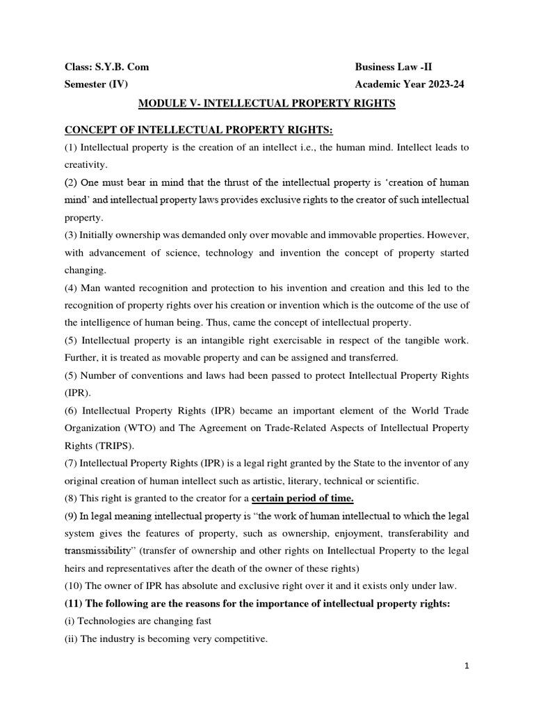 Module V - Intellectual Property Rights - Semester IV 2023-24 | PDF ...