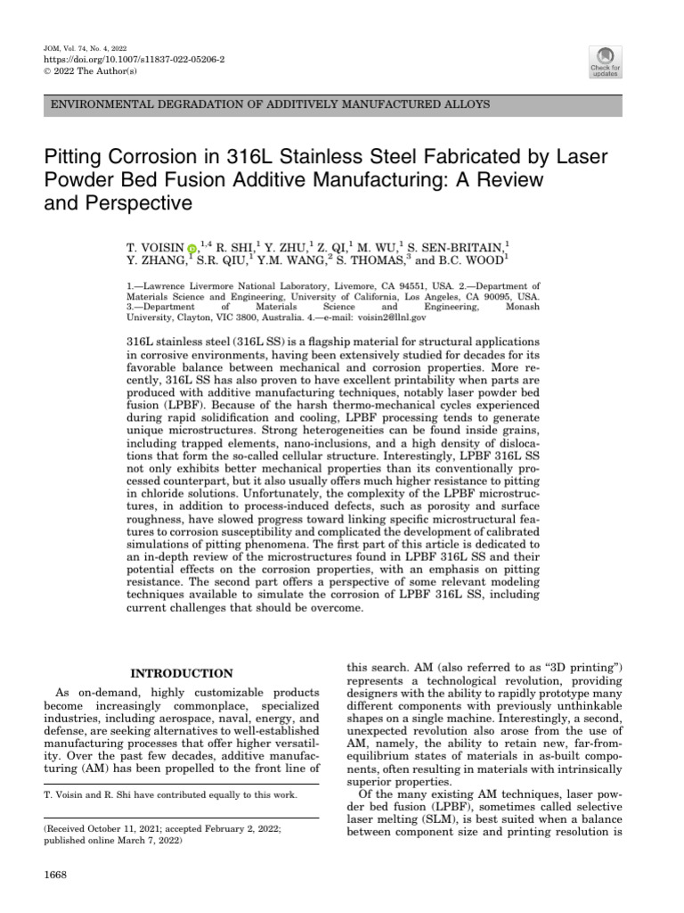 Pitting Corrosion in 316L Stainless Steel Fabricated by Laser Powder ...