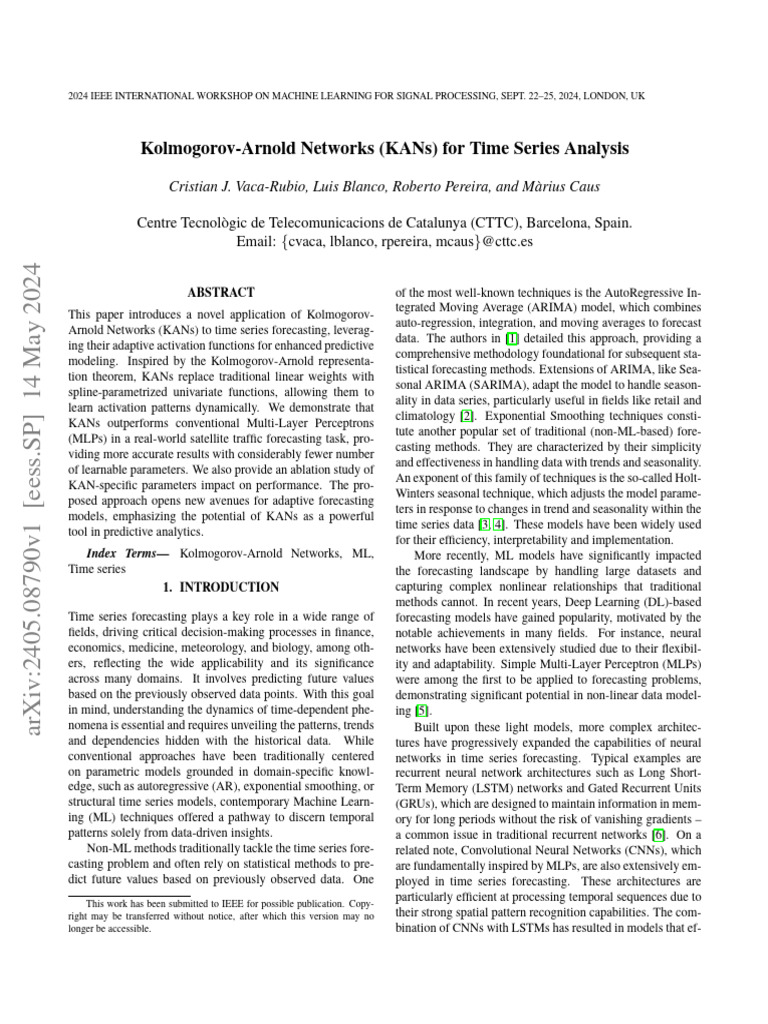 Kolmogorov-Arnold Networks (Kans) For Time Series Analysis | Download Free PDF | Forecasting ...