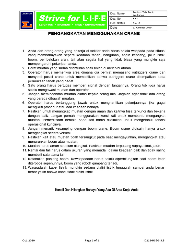 Pengangkatan Menggunakan Crane - TB Talk Workshop | PDF