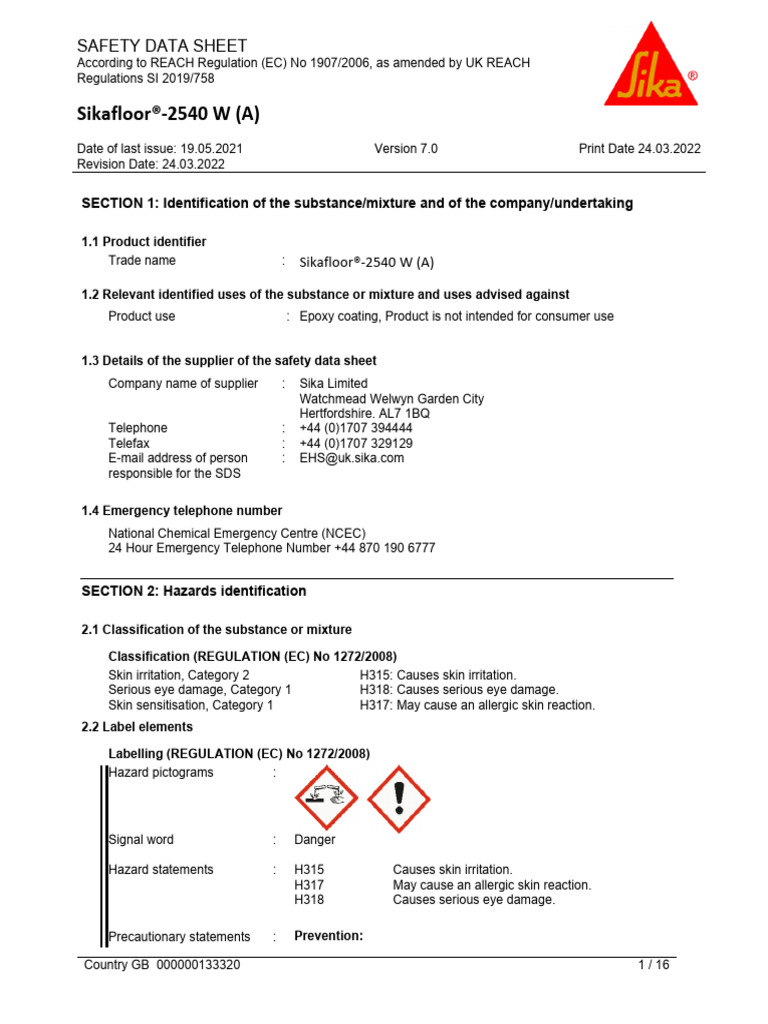 Sikafloor 2540 W Sds Pdf Dangerous Goods Toxicity