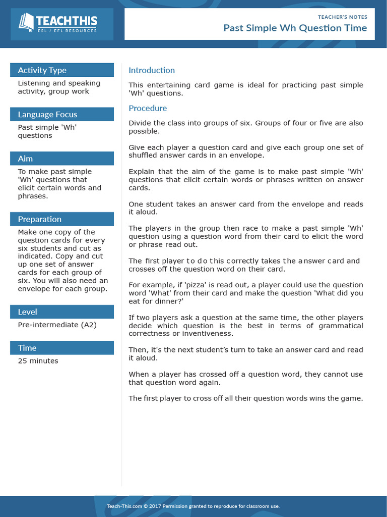 Past Simple WH Question Time | PDF | Question | English As A Second Or ...