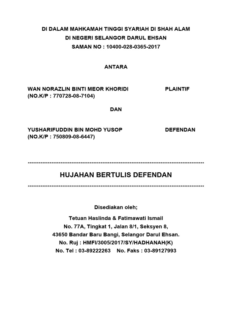 Hujahan Defendan - Yusharifuddin - Ok | PDF
