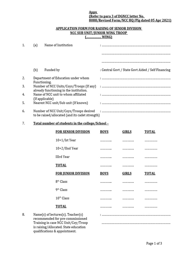 NCC Raising Application Form 2024 | PDF | Military Organization ...