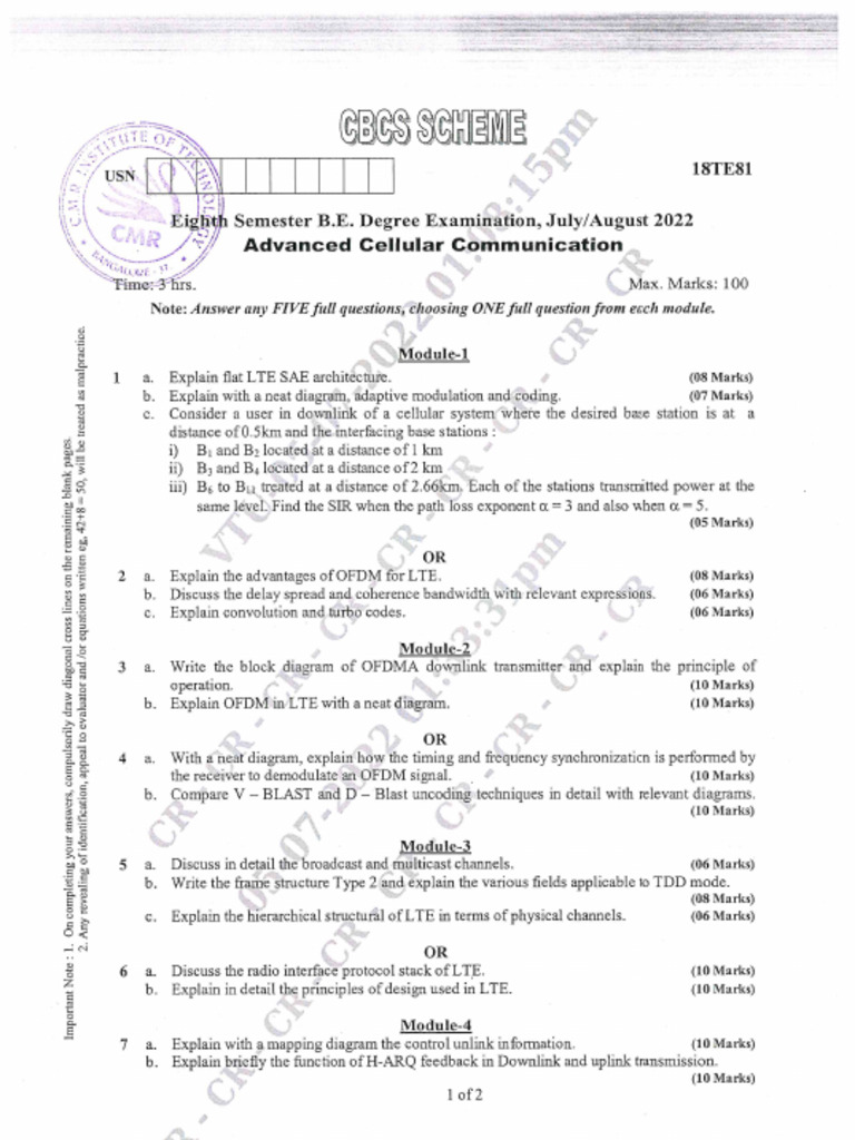 VTU Question Paper of 18TE81 Advanced Cellular Communication June-2022 ...