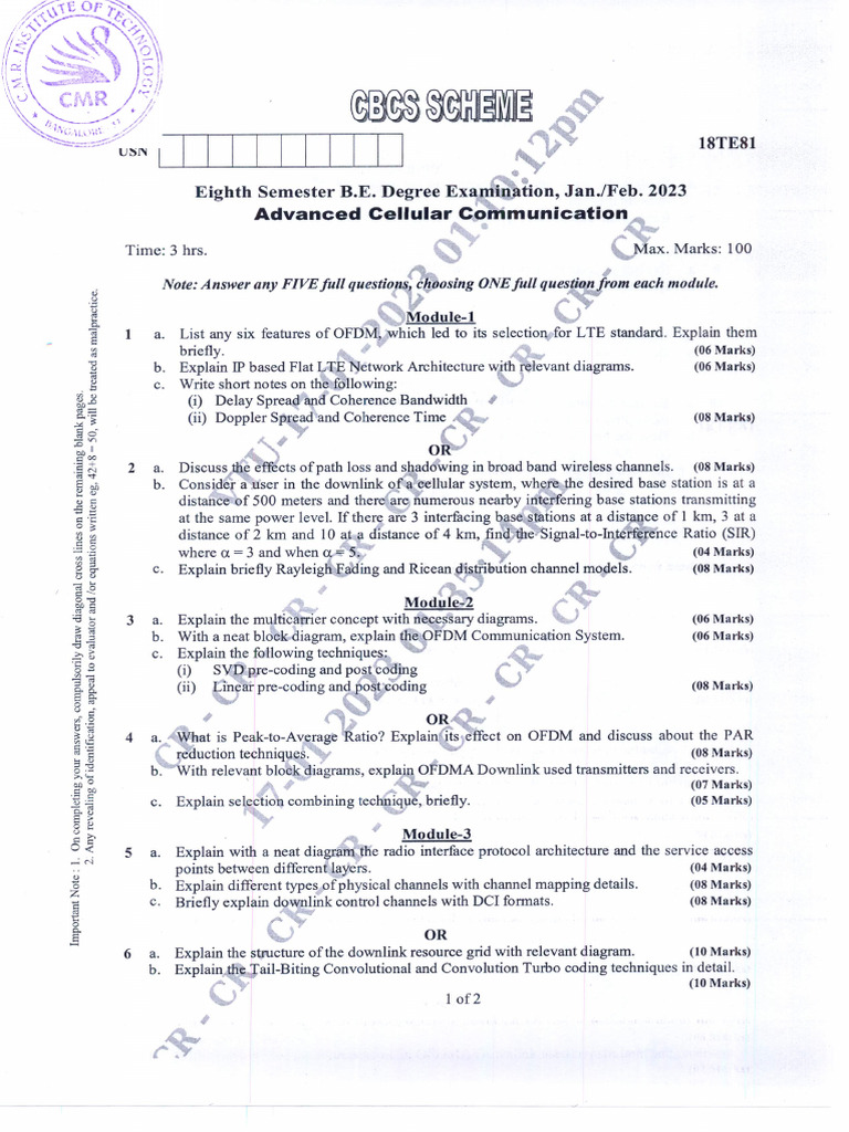 VTU Question Paper of 18TE81 Advanced Cellular Communication Jan-Feb ...