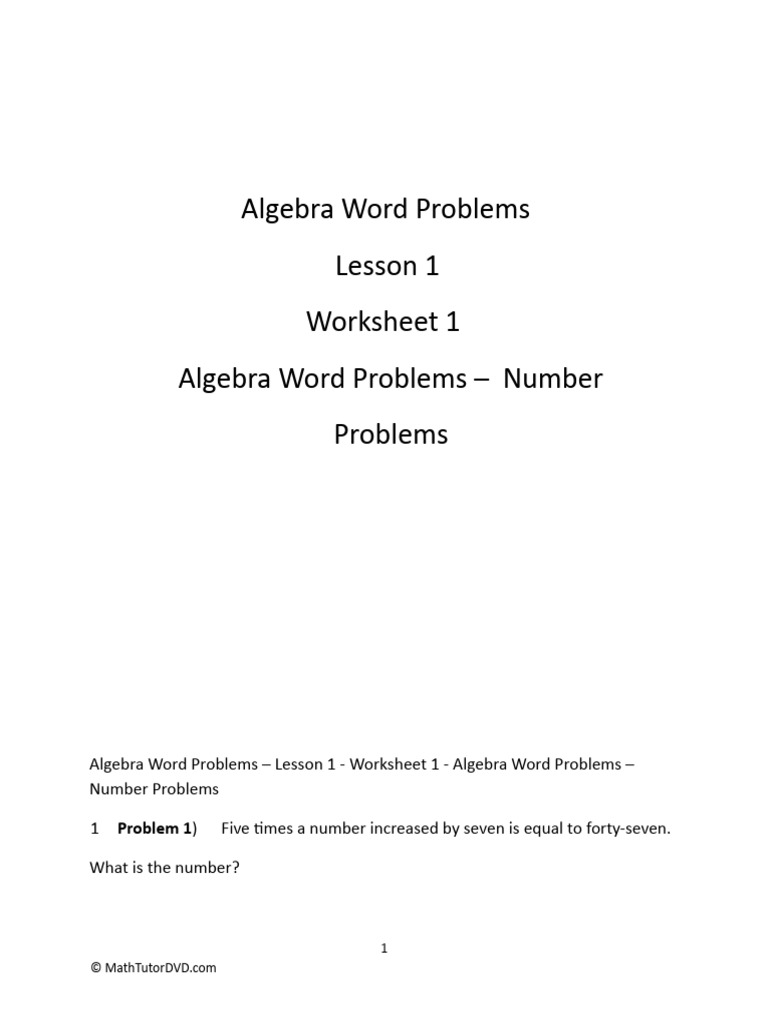 Algebra Word Problems - Worksheet 1 - Number Problems | PDF | Equations ...