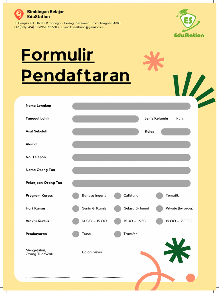 Formulir Pendaftaran Bimbingan Belajar Edustation | PDF
