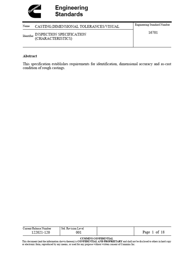 Casting, Dimensional Tolerances/Visual Inspection Specification ...