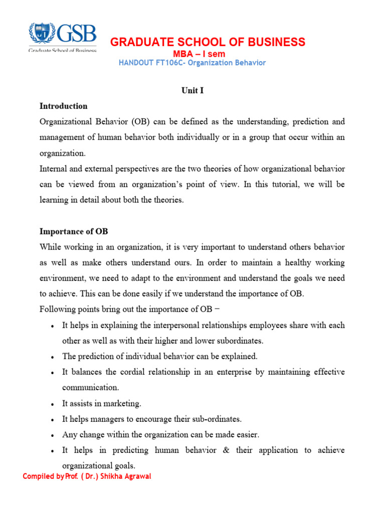 Handout Ft106c - Organization Behaviour - All Units | Download Free PDF | Classical Conditioning ...