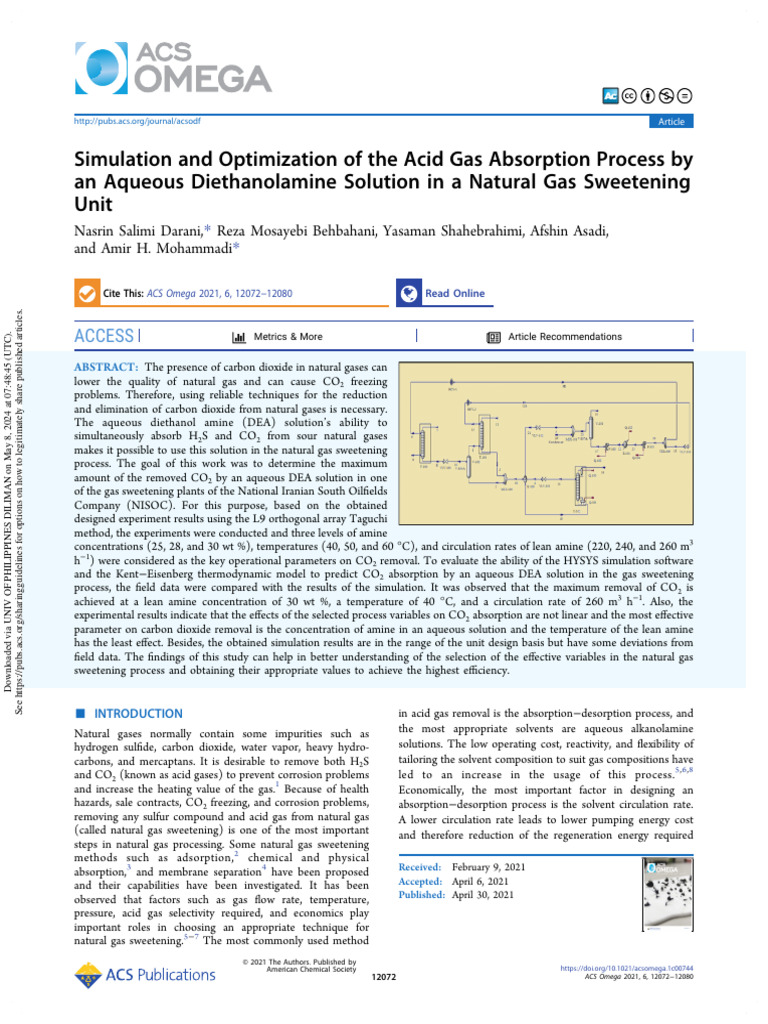 Darani Et Al 2021 Simulation and Optimization of The Acid Gas ...
