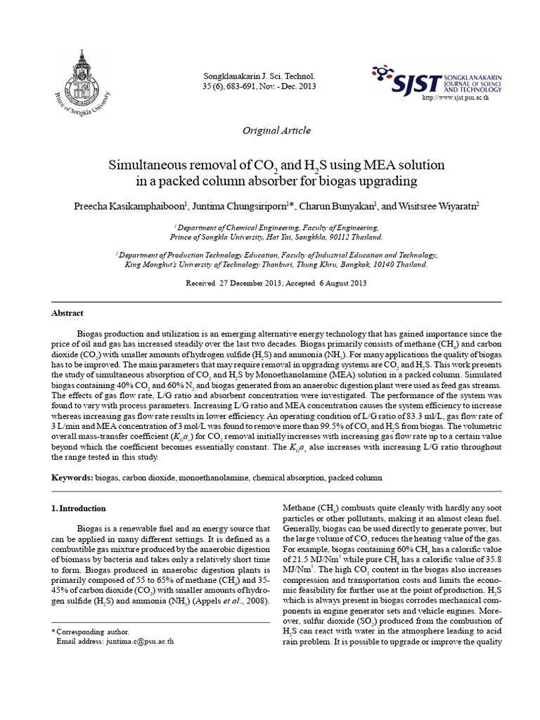 Simultaneous Removal of CO2 and H2S Using MEA Solu | PDF | Physical ...