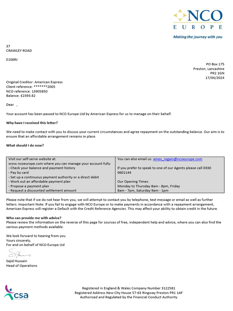 NCO Europe Debt Management Notice | PDF | Banks | Banking