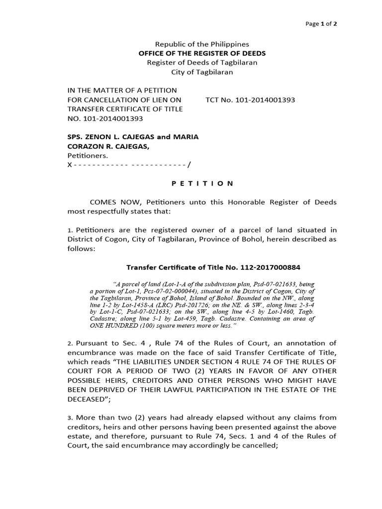Petition For Cancellation - ROD Cajegas | PDF | Private Law | Civil Law ...