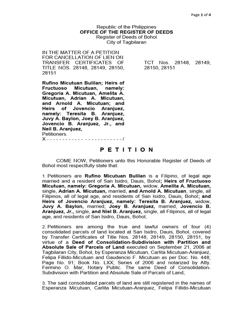 Petition For Cancellation - ROD - Micutuan | PDF | Title (Property ...