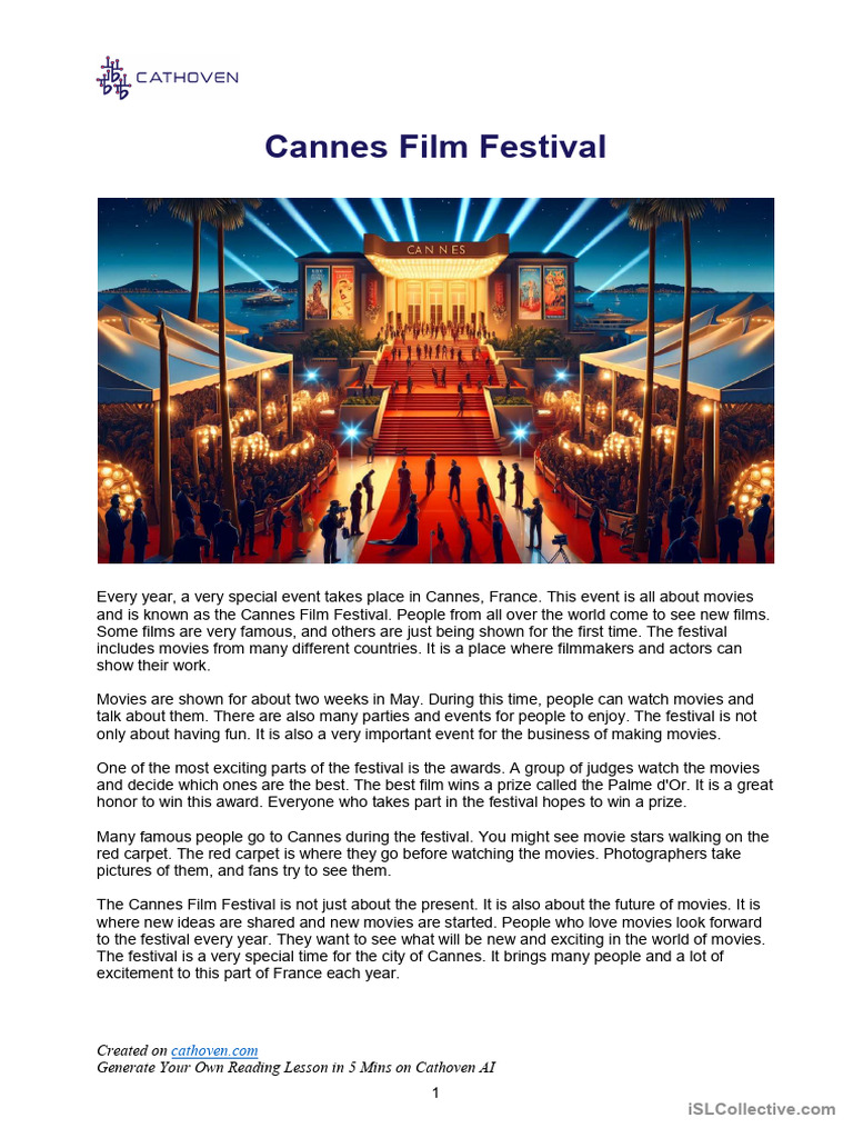 B1 - Reading Lesson - Cannes Film Festival | PDF | Noun | Filmmaking