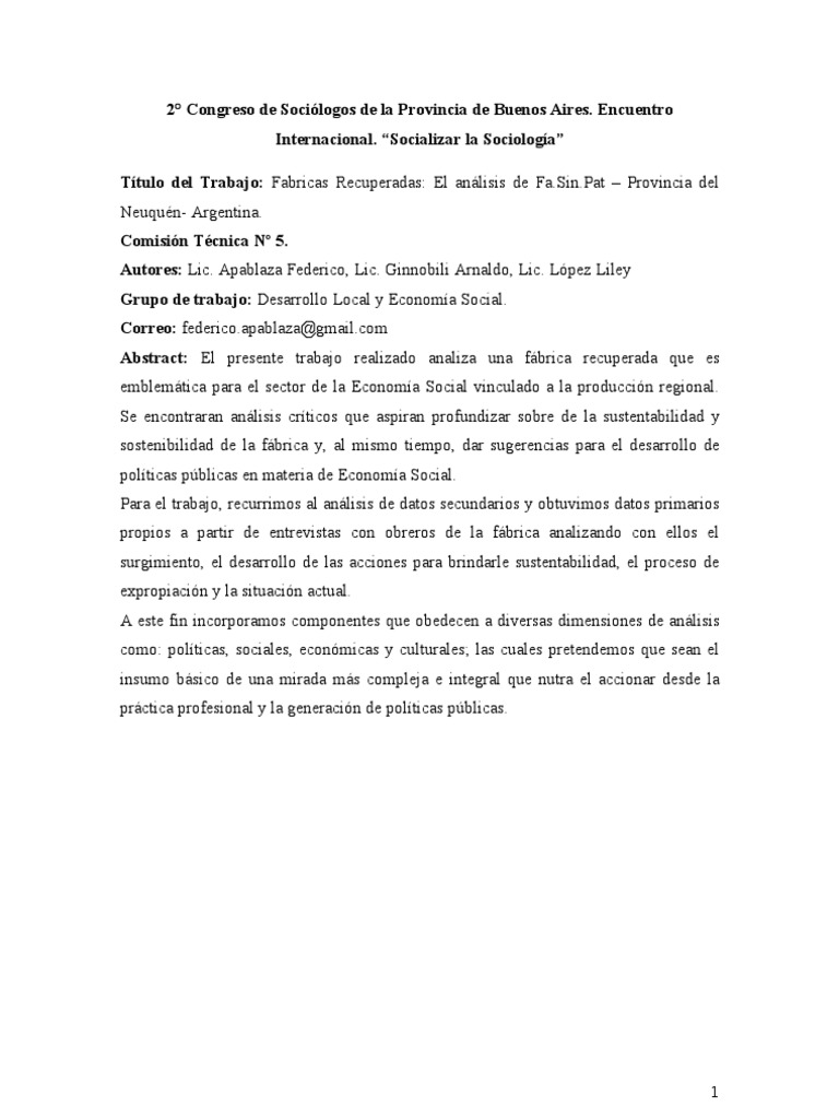 Análisis de Fa.Sin.Pat: Fábrica Recuperada | PDF