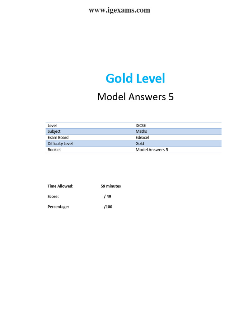 Edexcel IGCSE Maths Gold Model Answers | PDF | Circle | Area