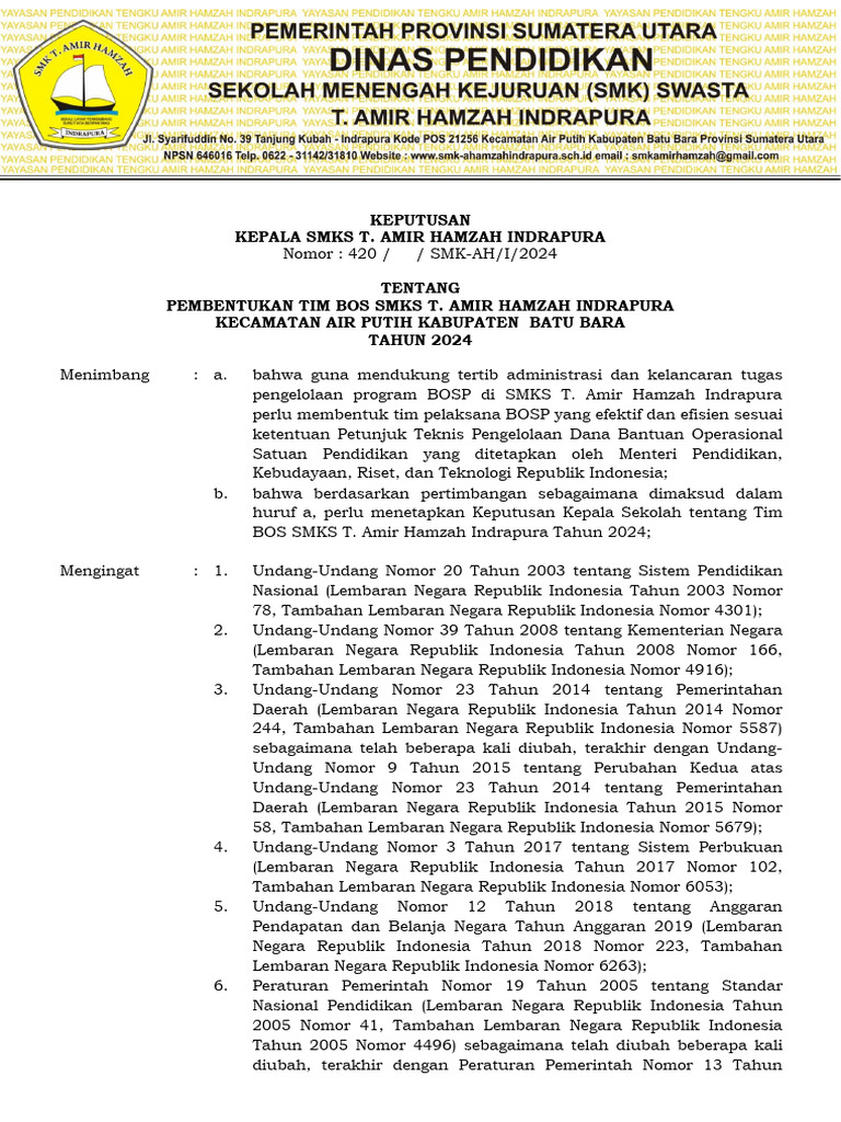 Contoh SK Tim BOS Sekolah 2024 | PDF